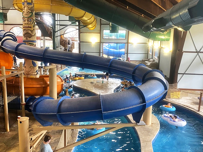 A water wonderland where winter doesn't exist. Yellow slides twist through the air like pasta in a giant's kitchen, promising aquatic thrills regardless of Ohio's weather forecast.