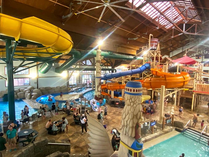 A water wonderland where winter doesn't exist. Yellow slides twist through the air like pasta in a giant's kitchen, promising aquatic thrills regardless of Ohio's weather forecast.