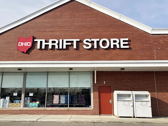 The brick facade of Ohio Thrift Store stands like a temple to secondhand treasures, promising adventures in bargain hunting behind its unassuming exterior.