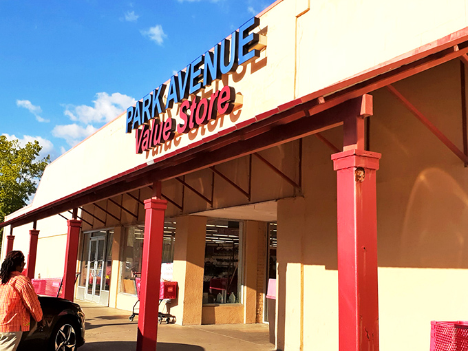The unassuming exterior of Park Avenue Value Store in Southaven &ndash; where treasure hunting adventures begin beneath that iconic red awning.