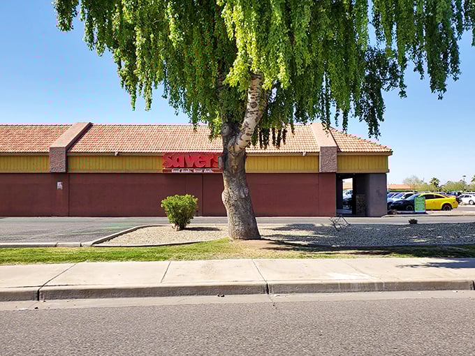 The iconic red Savers sign glows against the twilight sky, beckoning bargain hunters like a retail lighthouse for the thrift-obsessed. 