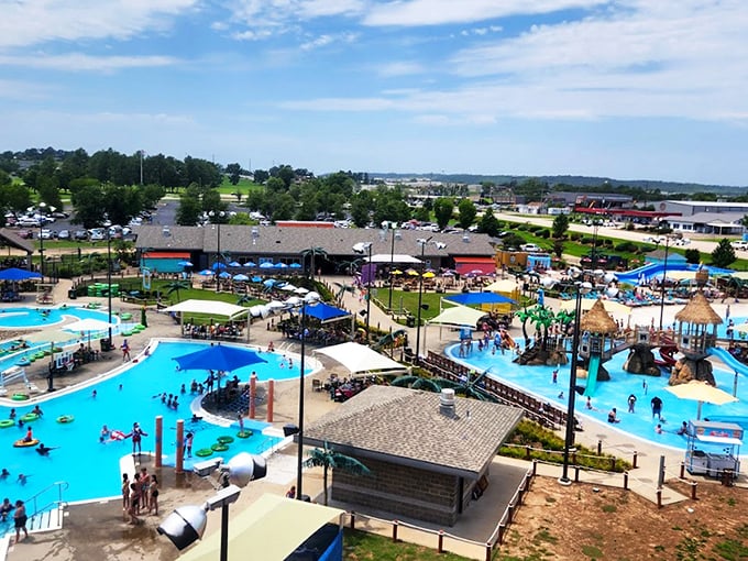 A bird's-eye view of aquatic paradise &ndash; where blue pools stretch like sapphires against the Arkansas landscape and adventure awaits around every corner.