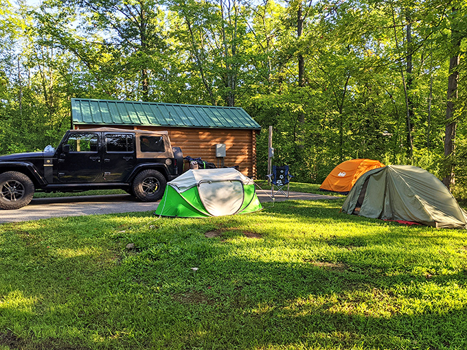 Home sweet temporary home! This spacious campsite offers the perfect blend of wilderness and comfort, complete with a turquoise picnic setup that screams "vacation mode activated."