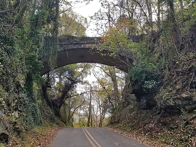 The stone archway of Helen's Bridge emerges from the mist like a portal to another time. Mother Nature's own special effects department working overtime here.