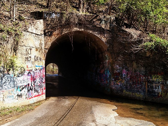 The entrance beckons with an eerie invitation &ndash; colorful graffiti leading into darkness where legends and water converge in Tennessee's most notorious tunnel.