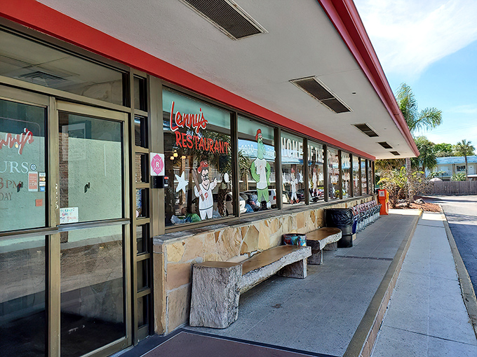 Lenny's iconic storefront beckons with its cheerful red awnings and vintage sign&mdash;a time capsule of classic Americana in Clearwater's bustling landscape.