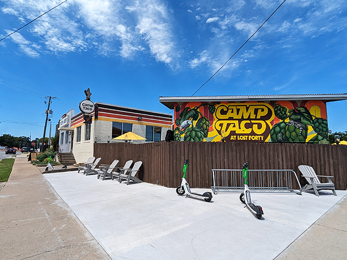 The "TACOS & BEER" sign isn't just a promise&mdash;it's a mission statement. Camp Taco's exterior blends retro charm with modern flair, like your favorite summer camp grew up and got cool.