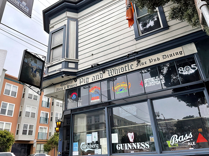 The unassuming exterior of The Pig and Whistle stands like a British embassy on Geary Boulevard, beer logos gleaming like beacons to the thirsty and hungry.