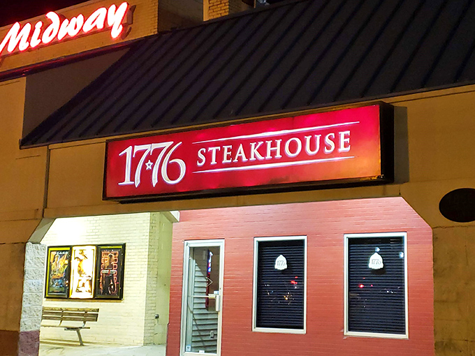 The iconic red fa&ccedil;ade and teal roof of 1776 Steakhouse stands as a beacon for carnivores seeking revolution-worthy meals in Rehoboth Beach.