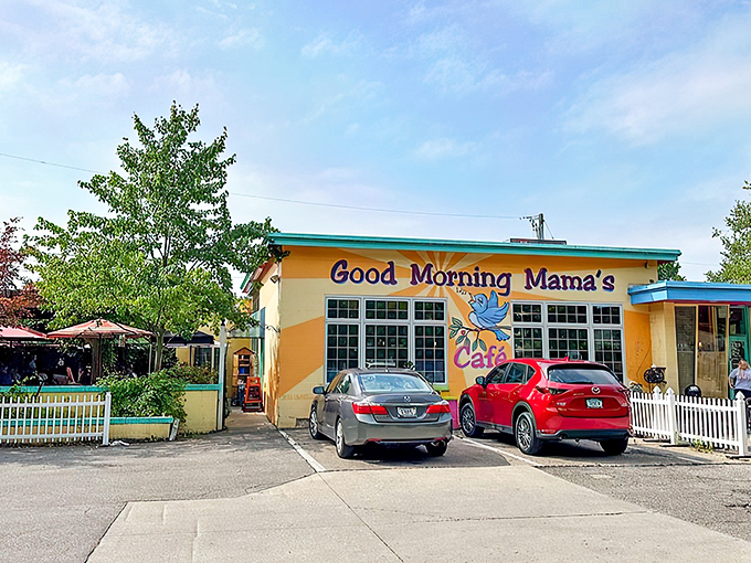 Sunshine isn't just in the sky at Good Morning Mama's. This cheerful yellow building with turquoise trim promises breakfast bliss before you even step inside.