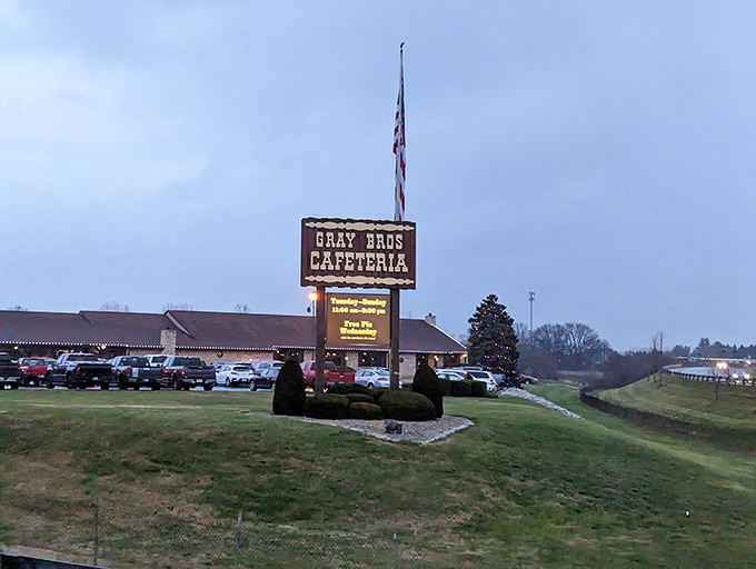 The limestone exterior of Gray Brothers Cafeteria stands like a humble monument to Hoosier comfort food. No fancy frills, just the promise of culinary bliss within.