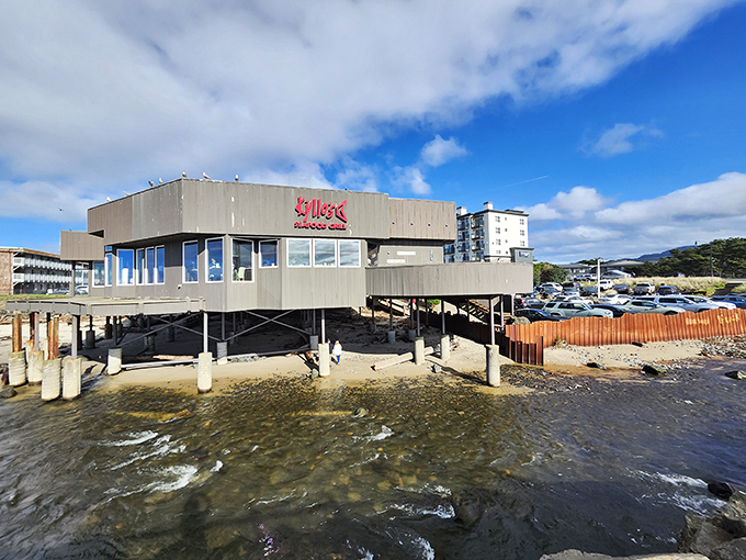 Kyllo's distinctive exterior stands like a modern lighthouse above the beach, beckoning hungry travelers with its glowing red sign.