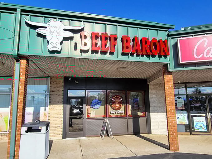 The unmistakable Beef Baron sign greets hungry travelers like a carnivorous North Star, guiding meat lovers to their delicious destination. 