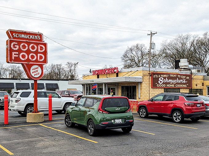 The glowing red sign of Schmucker's beckons like a lighthouse for hungry souls. Time-tested simplicity that promises exactly what it delivers.