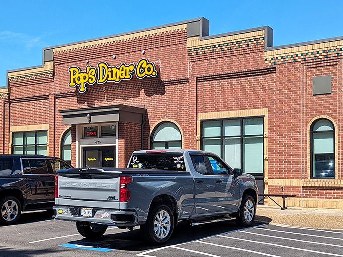The unassuming brick exterior of Pop's Diner Co. hides a breakfast paradise within. Like finding a treasure map disguised as a gas station receipt.