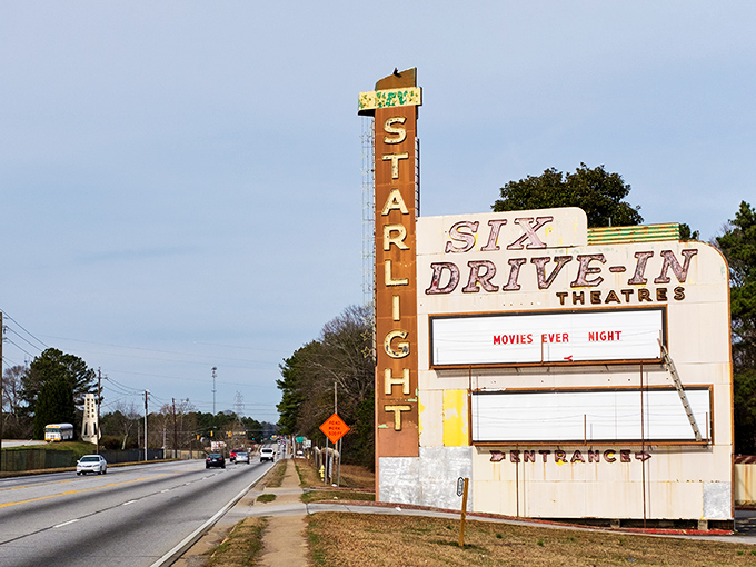 The gateway to cinematic nostalgia! Starlight's marquee promises double features and childhood memories under Georgia's night sky.