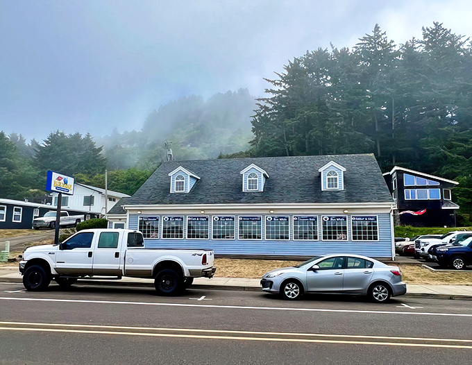 The unassuming white exterior of LeRoy's Blue Whale beckons like a lighthouse for hungry travelers along Oregon's coastal highway.