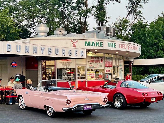 The nostalgic exterior of Red Rabbit Drive-In stands like a time capsule against Pennsylvania skies, complete with vintage kiddie rides that transport you straight back to simpler times. 