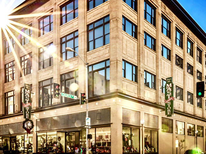 The grand historic facade of Mast General Store anchors downtown Roanoke like a brick-and-mortar time machine waiting to transport shoppers to a simpler era.