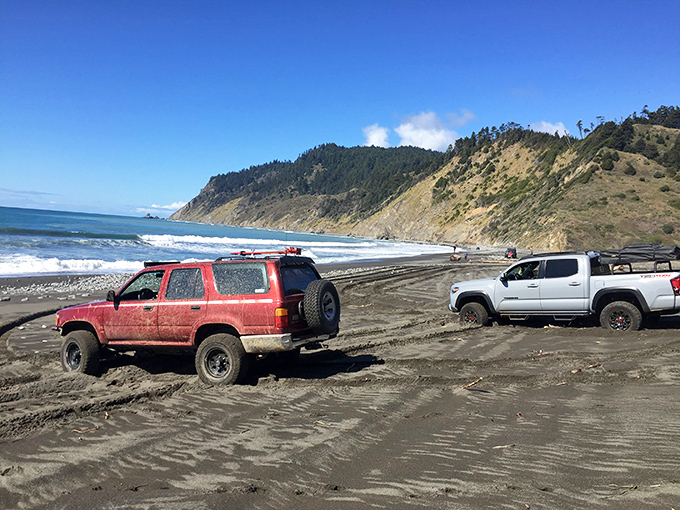At Usal Beach, four-wheel-drive isn't just recommended&mdash;it's part of the adventure. Where golden hills meet dark sand, your vehicle becomes your coastal companion on California's wildest shoreline.