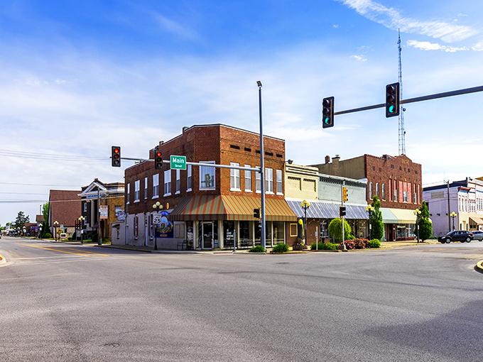 Downtown Casey welcomes you with classic Midwest charm, red brick buildings standing proud against blue skies like sentinels of small-town hospitality.