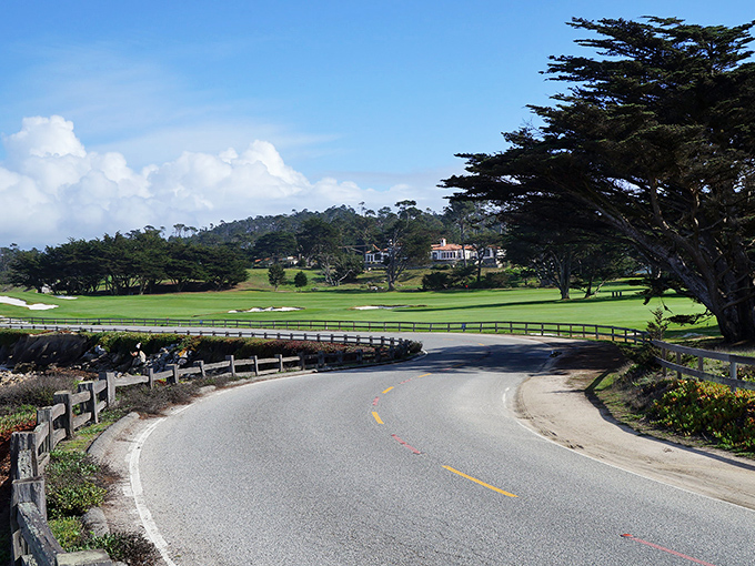 Where golf meets paradise: The gentle curve of 17-Mile Drive reveals emerald fairways kissing the horizon, with nature and luxury playing the ultimate doubles match.