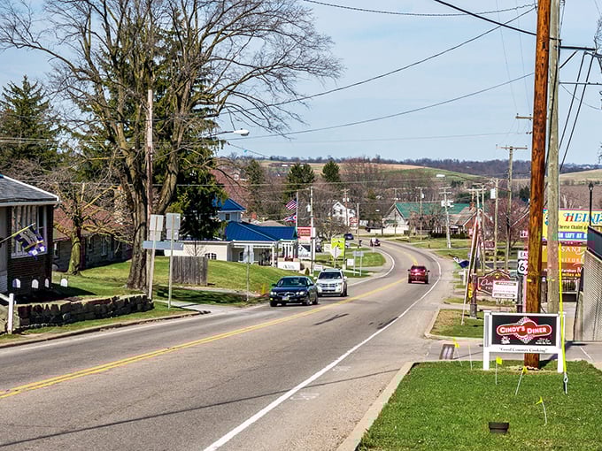 Where worlds collide: An Amish buggy shares the road with modern cars near Guggisberg Cheese Factory, while traditional haystacks dot the rolling hillside like nature's own artwork.