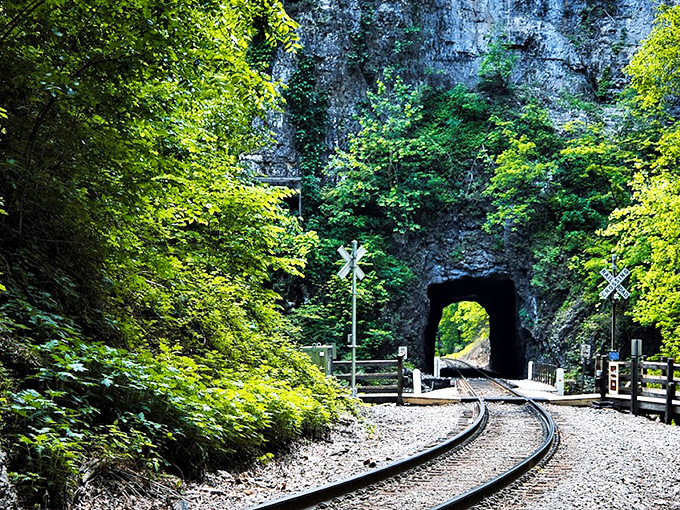 Mother Nature's architectural masterpiece frames the railroad tracks like she's showing off a million years of erosion artistry.