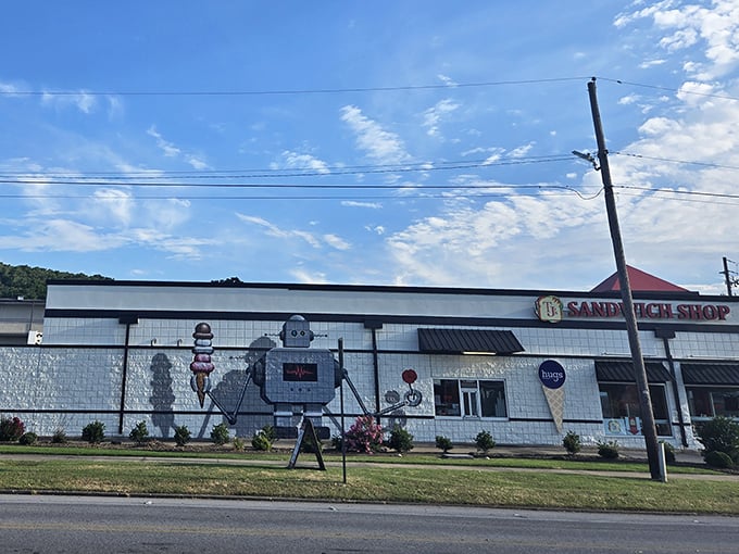 Robot murals aren't typically what you expect at sandwich shops, but this mechanical greeter sets the playful tone for the flavor adventure awaiting inside.