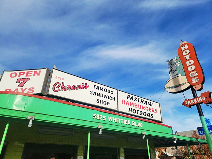 The iconic green exterior of Chronis Famous Sandwich Shop stands as a beacon of hope for hungry travelers on Whittier Boulevard. No fancy frills, just honest food promises.