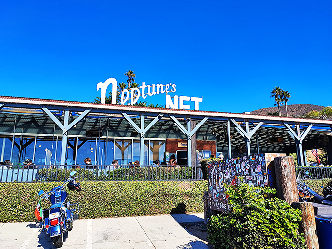 Where motorcycles meet the sea: Neptune's Net stands proudly along PCH, a weathered wooden beacon for hungry travelers and weekend riders alike.