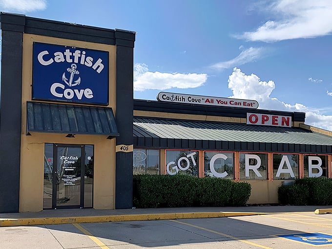 The bright yellow exterior boldly proclaims "GOT CRAB!" like a seafood beacon in landlocked Oklahoma. No pretense, just a promise of oceanic treasures within.