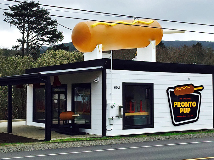 Highway 101's most eye-catching landmark isn't a lighthouse&mdash;it's a giant hot dog on a roof beckoning hungry travelers to Rockaway Beach. 