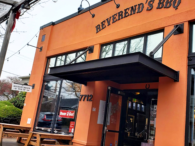 That bright orange facade isn't just a building&mdash;it's a beacon of barbecue hope in Portland's Sellwood neighborhood. 