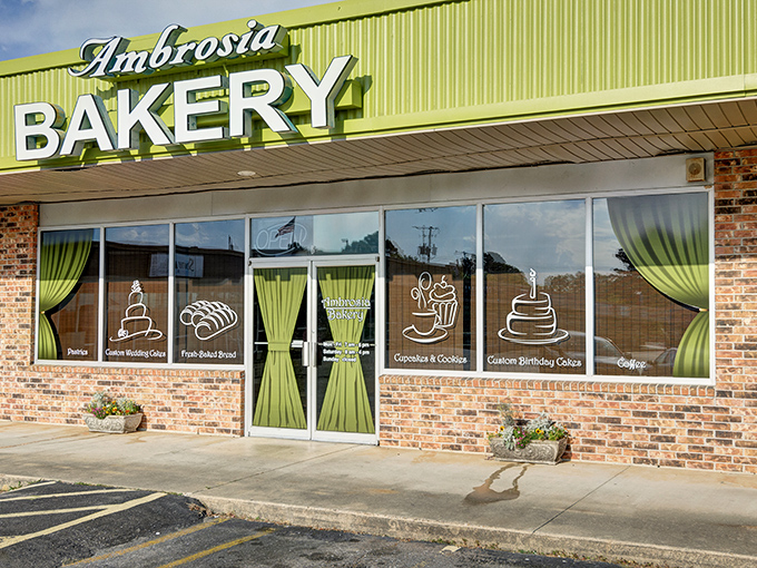 The unassuming exterior of Ambrosia Bakery proves that culinary greatness often hides behind modest facades, like finding Narnia in an ordinary wardrobe.