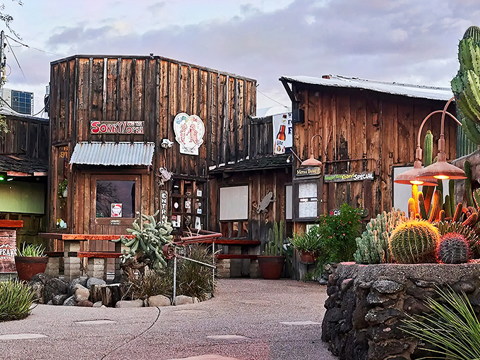 Like a movie set from your favorite Western, The Horny Toad's weathered wooden exterior promises authentic Arizona experiences waiting just beyond those doors.