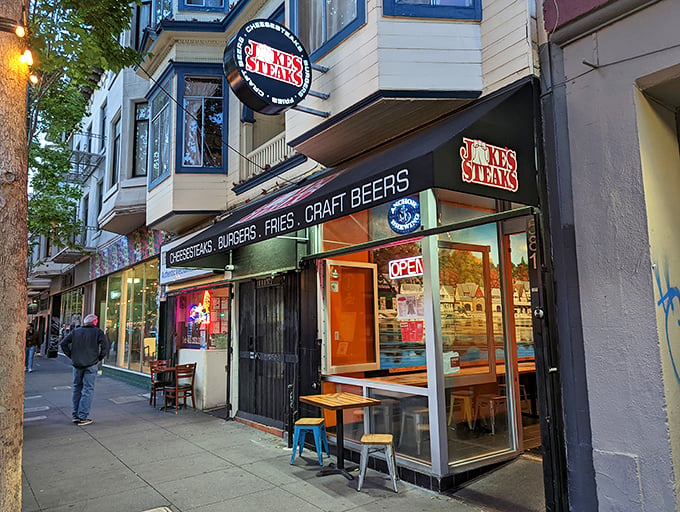 The unassuming storefront of Jake's Steaks stands like a Philly embassy on San Francisco soil, promising authentic cheesesteak diplomacy to all who enter.