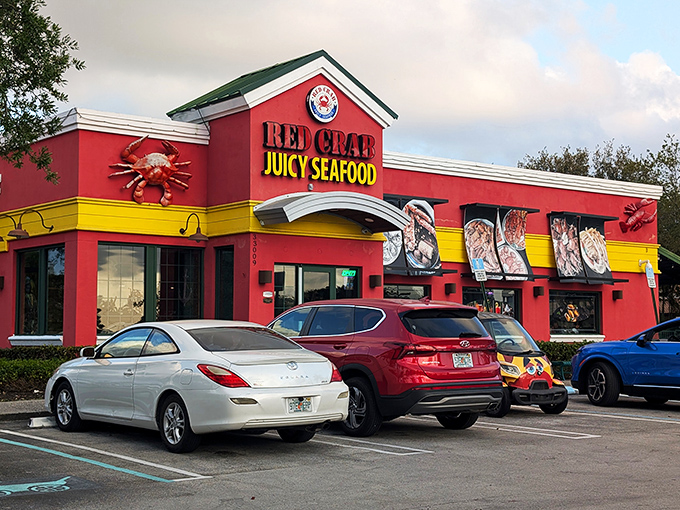 The vibrant red exterior isn't subtle, but neither is the flavor explosion waiting inside. Like a seafood siren calling you home.