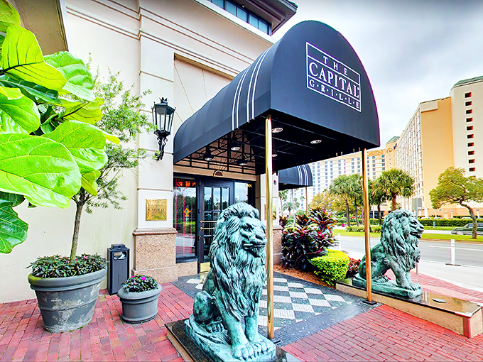 The iconic blue-canopied entrance guarded by regal lion statues promises an experience that's anything but ordinary. This is your gateway to carnivorous bliss.