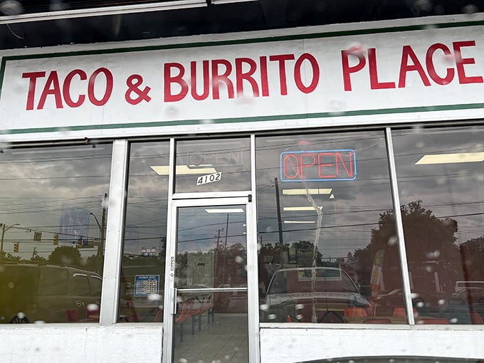 The architectural equivalent of "I'm here for the food, not the frills." Taco & Burrito Place announces its straightforward mission with no-nonsense signage.