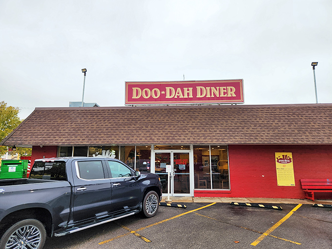 The unassuming red exterior of Doo-Dah Diner stands like a beacon of breakfast hope in Wichita. Don't let the simple facade fool you.