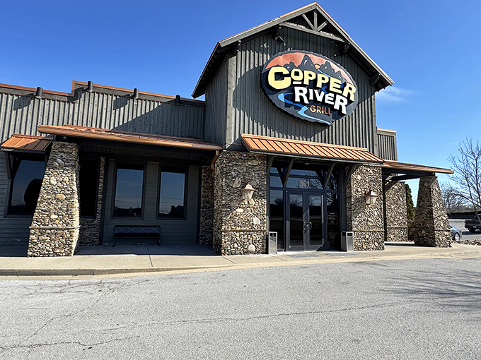 The rustic lodge-inspired exterior of Copper River Grill stands like a culinary beacon in Nicholasville, promising mountain-worthy meals in Kentucky's heartland.
