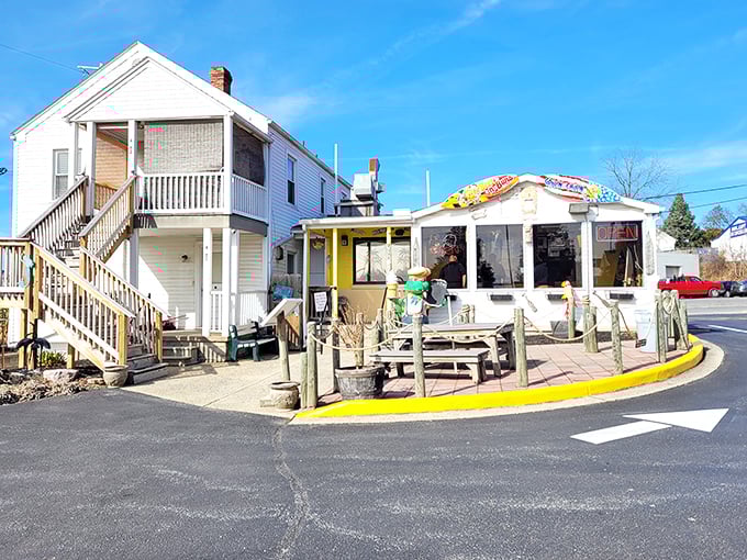 Paradise found! The charming exterior of Beef 'n Buns 'n Paradise beckons with its beachy vibe and outdoor seating&mdash;a tropical escape in suburban Maryland.