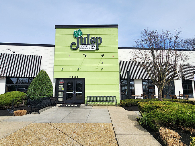 The lime green beacon of Julep Southern Kitchen & Bar stands out in Annapolis like a friendly Southern hello, complete with inviting benches for pre-feast relaxation.