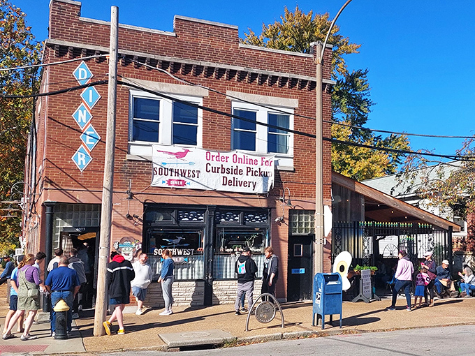 The corner brick building with its vintage "DINER" sign promises Southwestern treasure in the heart of St. Louis. A culinary oasis hiding in plain sight.