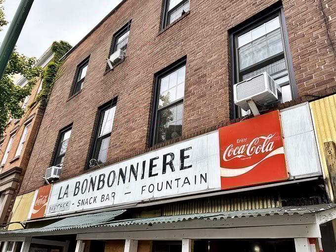 La Bonbonniere's weathered fa&ccedil;ade stands as a time capsule in the West Village, its vintage sign promising the holy trinity of comfort: burgers, snacks, and fountain treats.