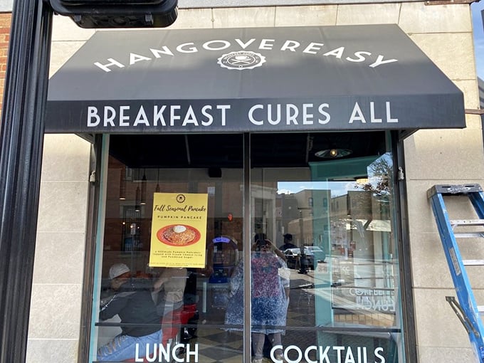 The black awning says it all: "BREAKFAST CURES ALL." At Hang Over Easy, they're not just making a promise&mdash;they're offering salvation by spatula.
