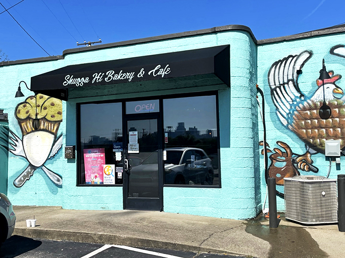 The turquoise beacon of breakfast bliss stands out like a dessert oasis in Nashville. "Dessert First Please!" isn't just wall art&mdash;it's a life philosophy.