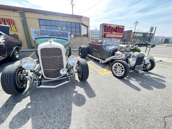 Classic hot rods line up outside Ruby River like a time capsule of American automotive glory. The perfect prelude to the meat-centric feast awaiting inside.
