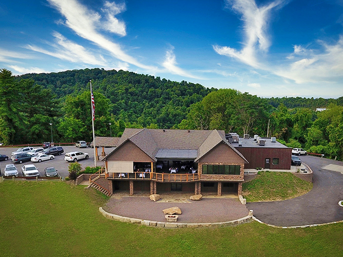 Stone doesn't just build houses—it builds appetites. The Wonder Bar's rugged exterior promises mountain-worthy meals inside those wooden doors.